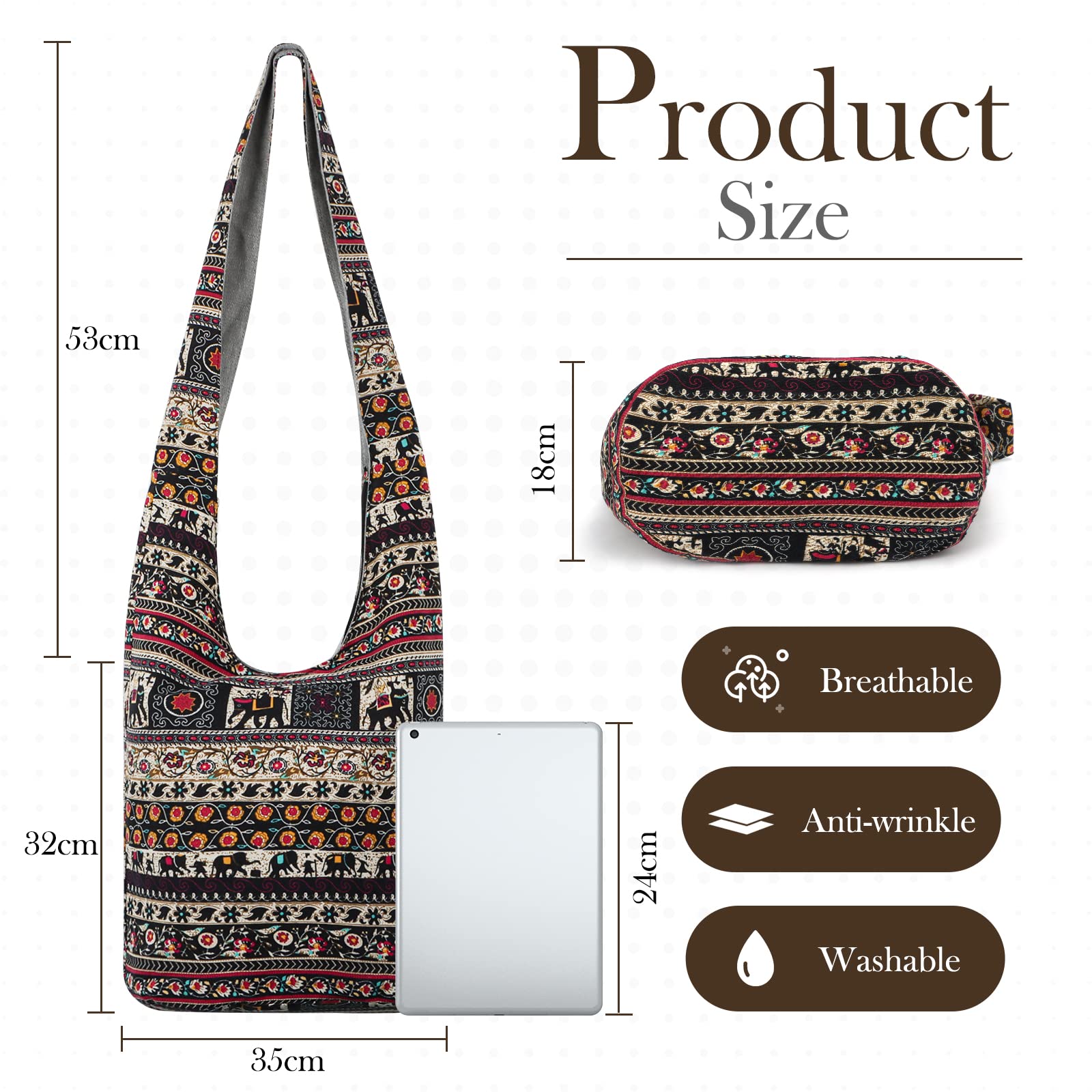 Fecialy Bohemian Shoulder Bag Printed Hippie Hobo Sling Bags Canvas Crossbody Bag for Women