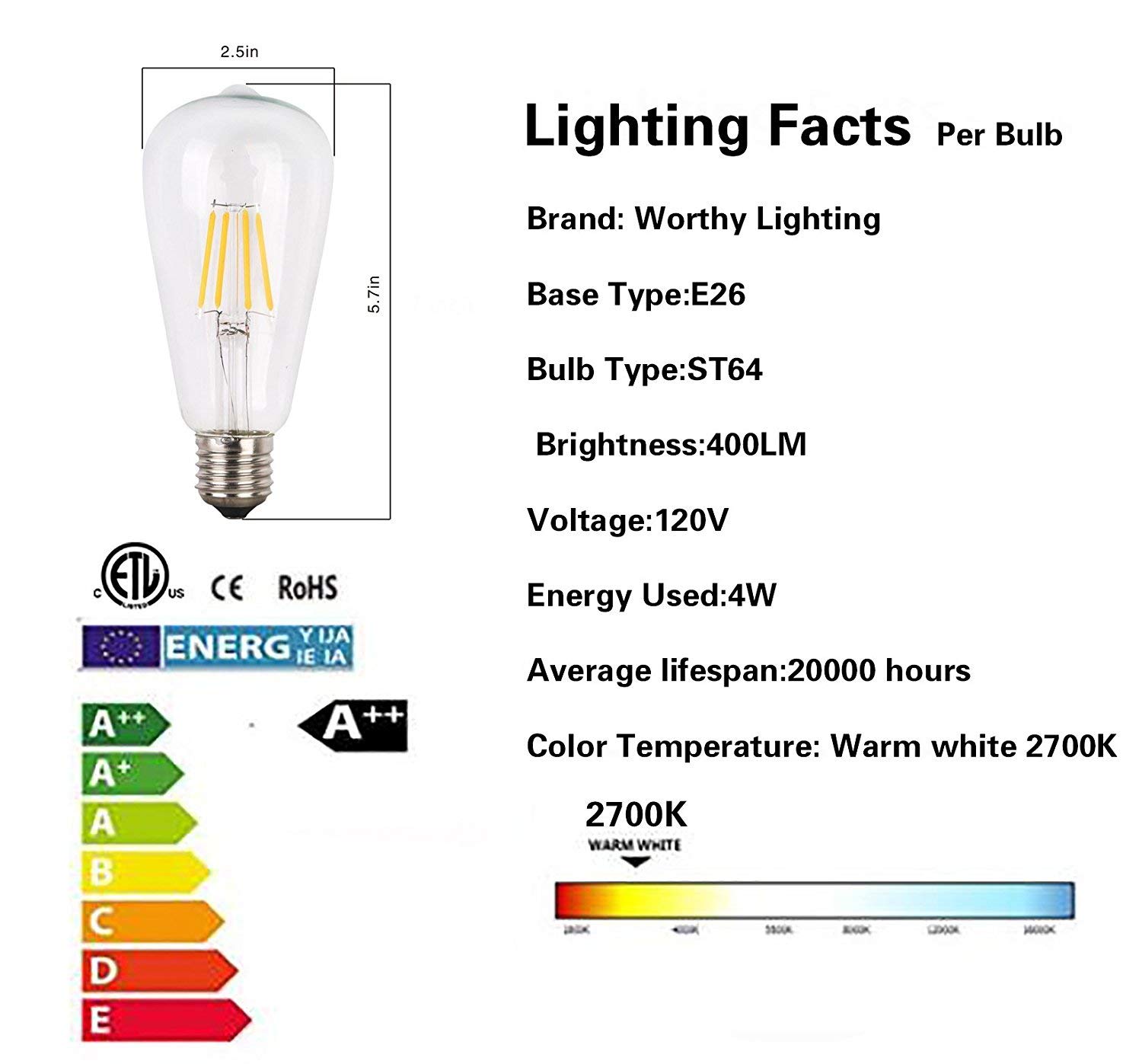 Dimmable led Light Bulb, 4w LED Edison Bulb, 40 Watt Incandescent Equivalent, 4W Vintage LED Filament Light Bulb, st64 led Bulb,2700K-3000K Soft White,e26 /e27 led Bulb, Clear Glass Cover 10 Pack