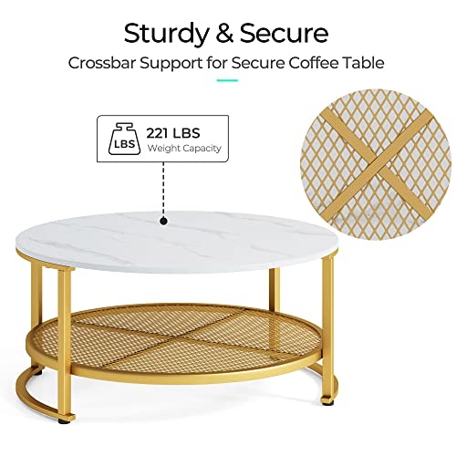LINSY HOME Round Coffee Table for Living Room, Modern Coffee Table with Open Storage,Wood Surface Top & Sturdy Metal Legs Large Circle Coffee Table for Stylish Design Home,White and Gold