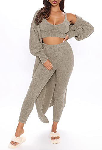 Fixmatti Fuzzy 3 Piece Legging Set for Women Open Front Cardigan Cropped Tops Long Pant Suit Khaki S