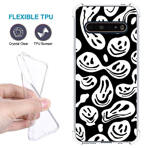 zaztify Phone Case for LG V60 ThinQ/ThinQ 5G UW, Black White Funny Trippy Dripping Smile Melted Hippie Smiling Skull Ghost Face Cute Shockproof Protective Soft Clear Cover Shell