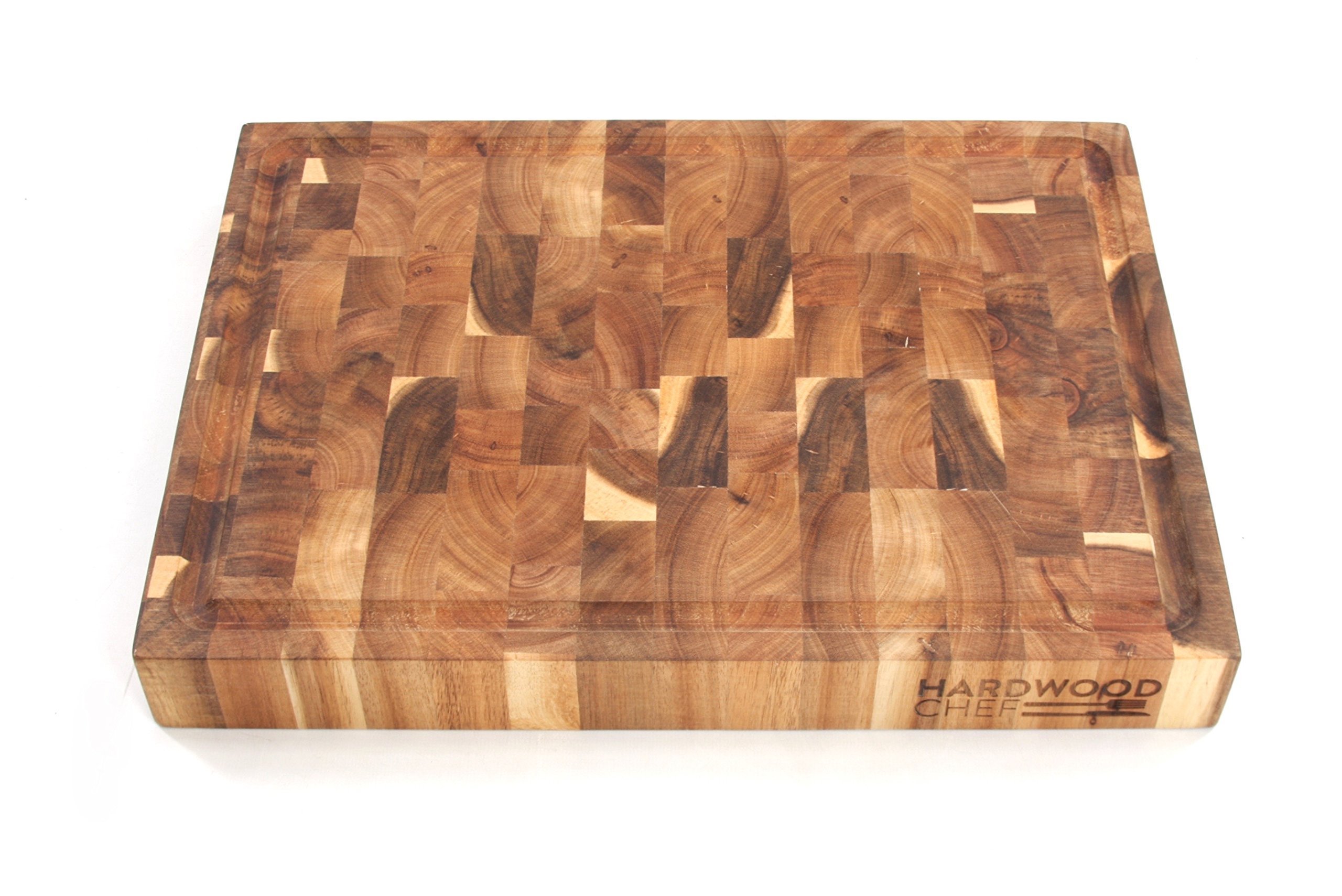 Hardwood Chef Premium Thick Acacia Wood End Grain Cutting Board Butcher Block with Groove, 16 x 12 x 1 3/4 in | For Chopping & Serving Cheese | (Gift Box Included) with BONUS e-Book