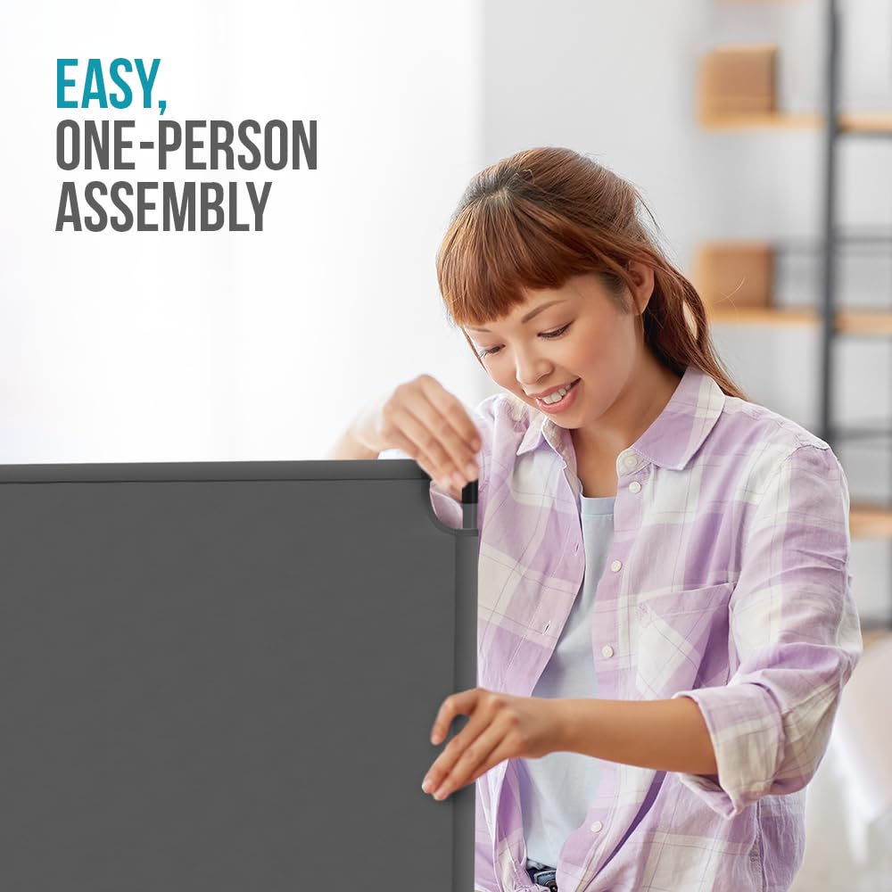 Steel-AID 60-inch Rolling Privacy Room Divider - Freestanding Office Wall Partition with Non See-Through Blackout Screen - Sturdy & Durable Iron Frame - Rolling Wheels - Black, White, Gray & Blue