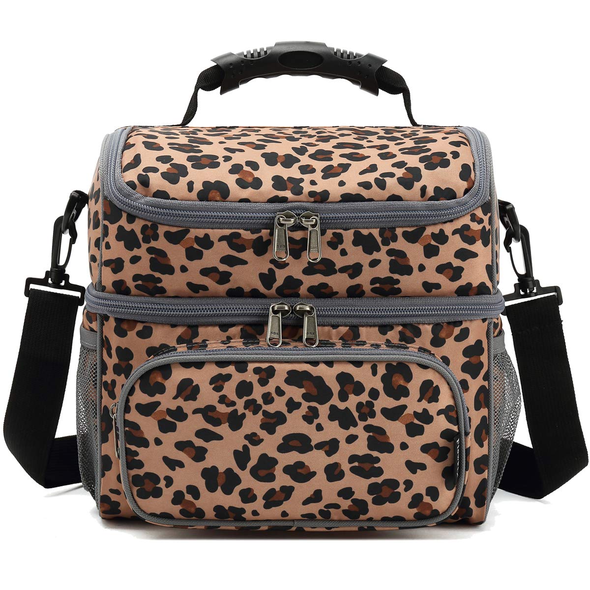FlowFly Double Layer Cooler Insulated Lunch Bag Adult Lunch Box Large Tote Bag for Men, Women, With Adjustable Strap,Front Pocket and Dual Large Mesh Side Pockets,Leopard