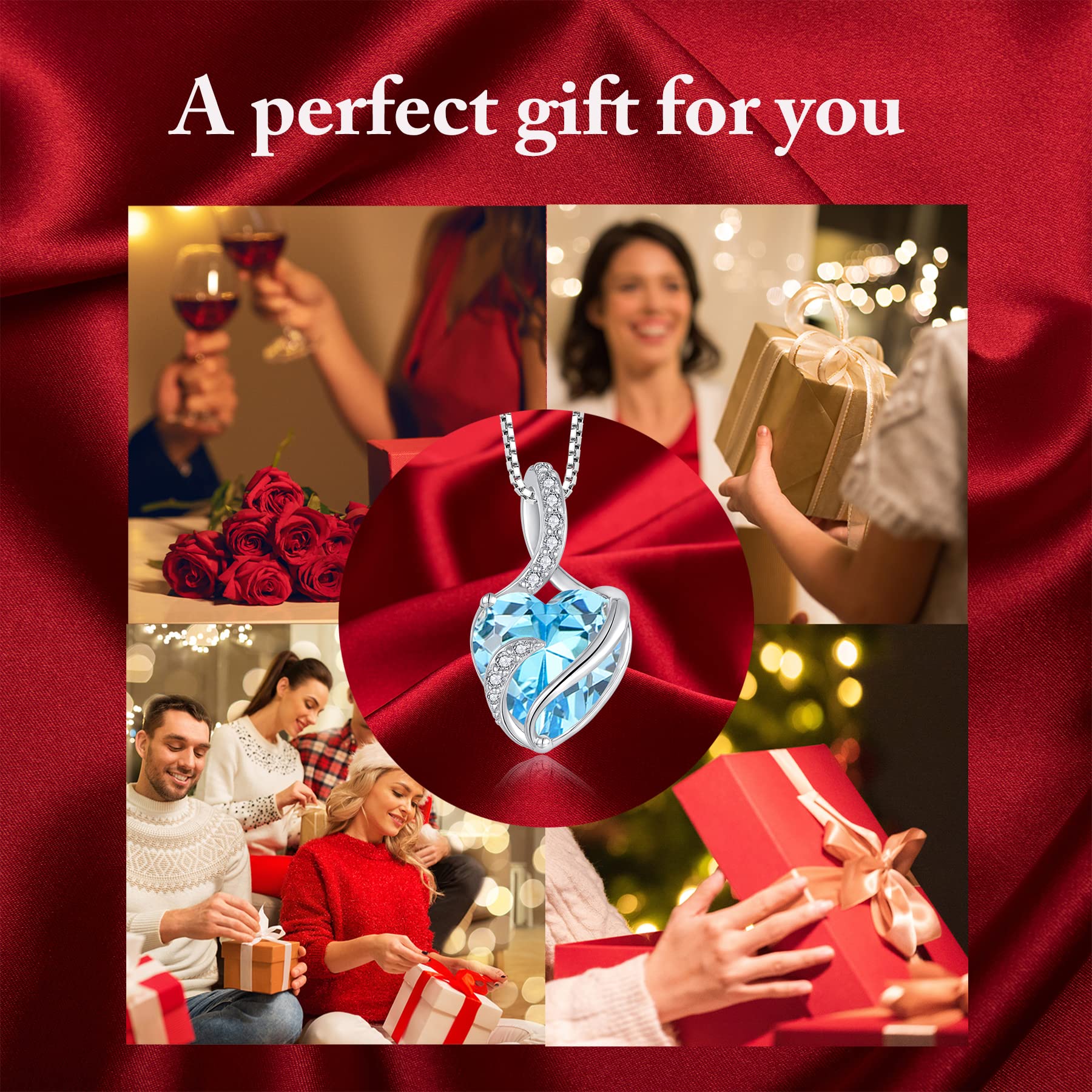 FJ Heart Infinity Birthstone Necklace, Sterling Silver Heart Pendant Created Gemstone Dainty Jewelry, Sterling Silver, Cubic Zirconia