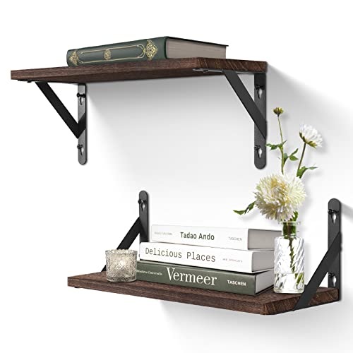 Uten Floating Shelves, Solid Wood Wall Mounted Shelf for Bathroom, Kitchen, Bedroom, Living Room with The Spirit Level and Metal Bracket, 17 Inch Floating Bathroom Shelves Set of 2, Brown