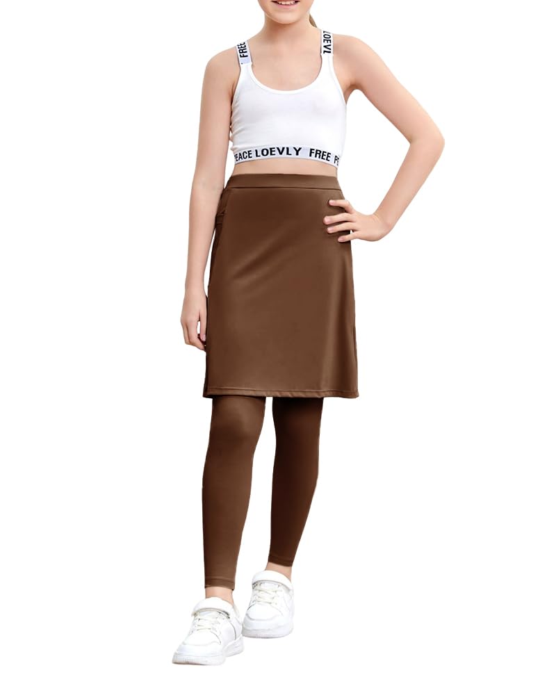 Gyiefcg Girls' Athletic Tennis Golf Skirt with Legging Workout Skirted Leggings Active Dance Skort with Pockets Khaki