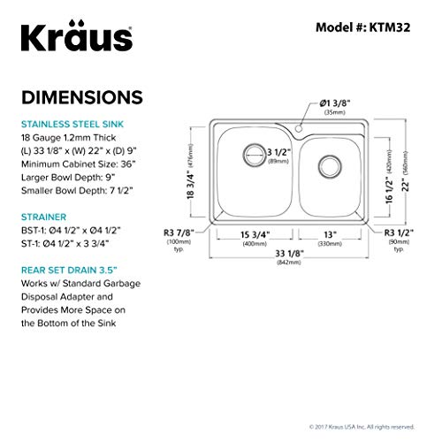 Kraus KTM32 Premier Kitchen Sink Double Bowl, 33.13, Satin