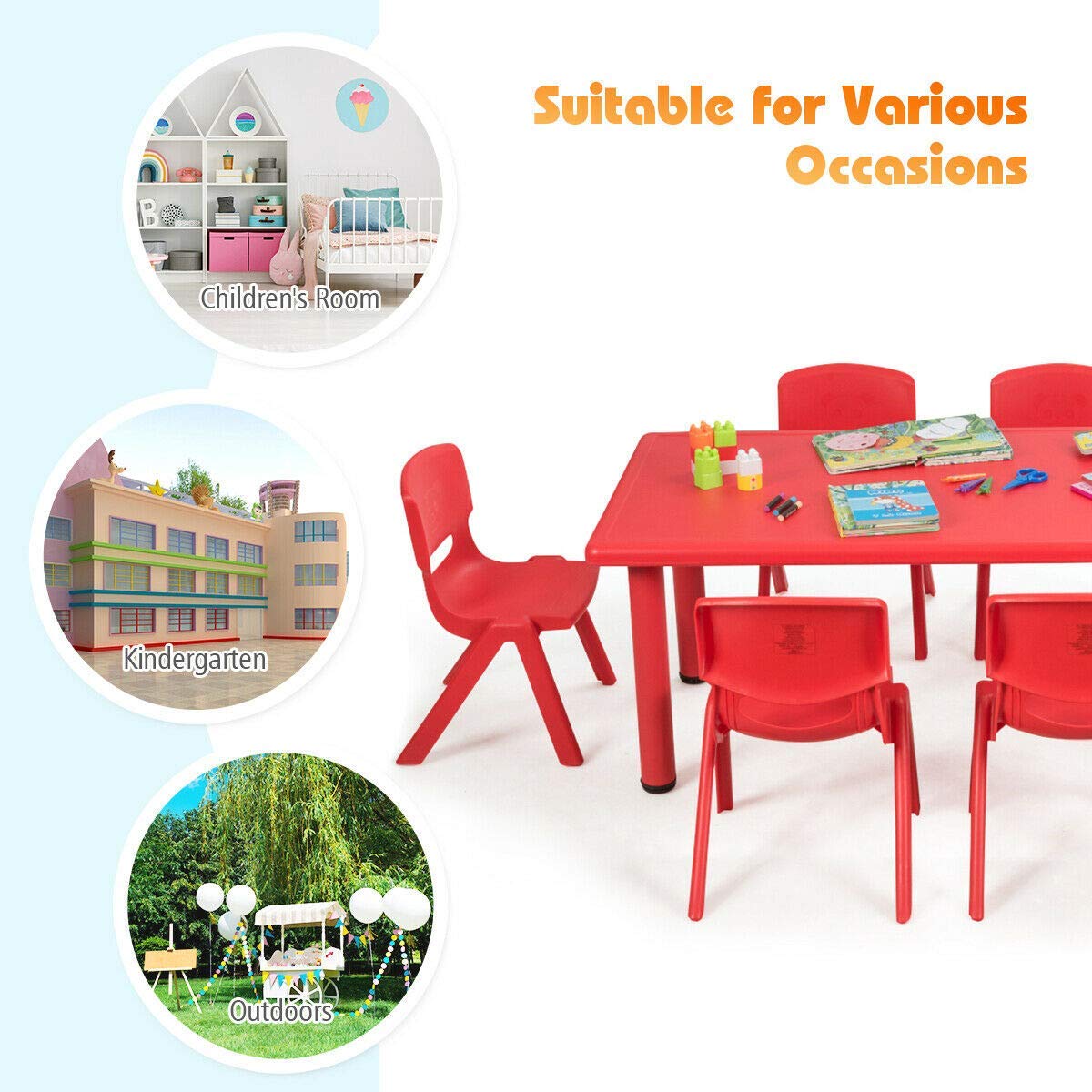 Costzon Kids Table and Chair Set, 6 Pcs Stackable Chairs, 47 x 23.5 Inch Rectangular Plastic Activity Table Set for Children Reading Drawing Playing Snack Time, Toddler School Furniture (Red)