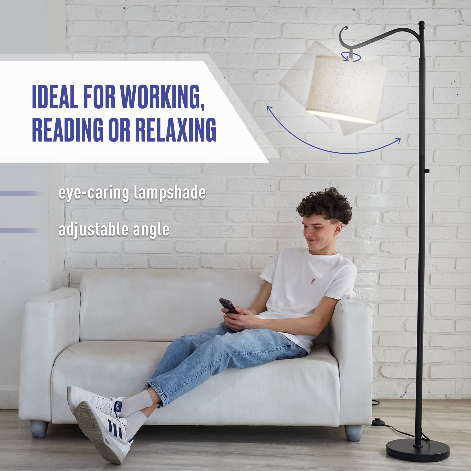 Dimmable Arc Floor Lamp - Standing Lamp with Dimmer for Living Room, Bedroom, Office - Black Arched Tall Lamp with Beige Linen Shade (LED Bulb Included)