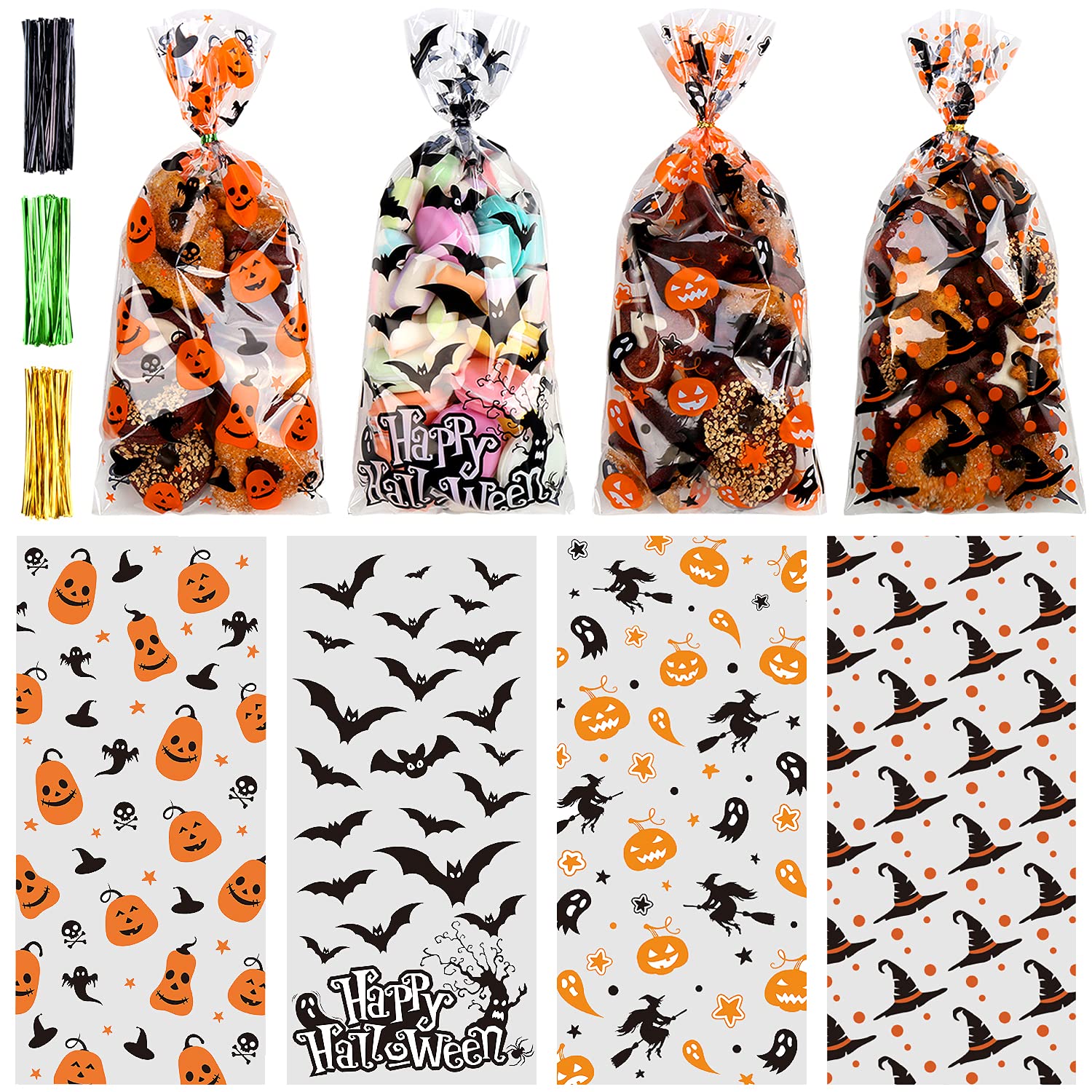 STEFORD Halloween Cellophane Bags,120PCS Halloween Clear Cellophane Candy Gift Treat Bags for Halloween Party Favors Supplies