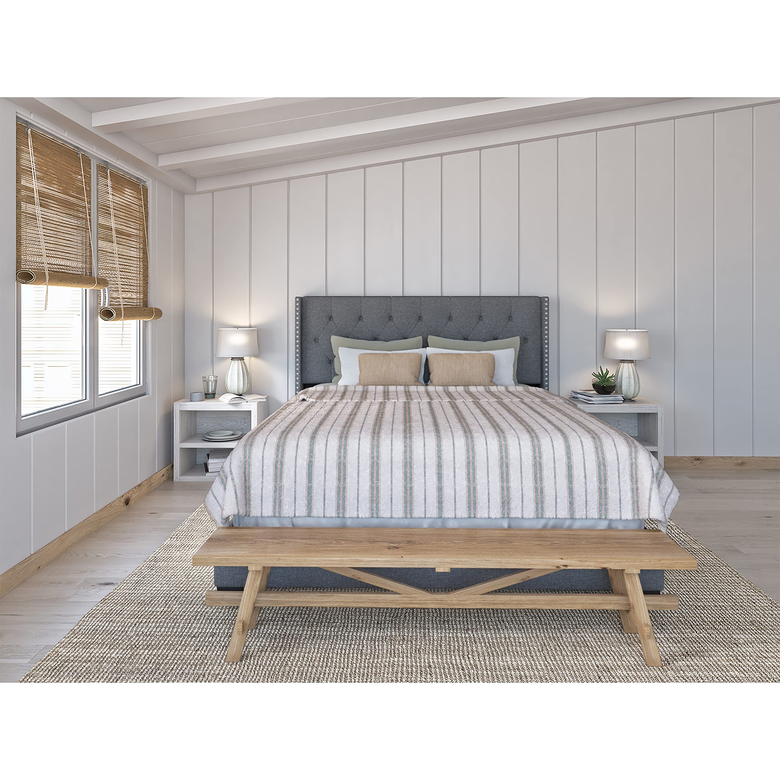 DG Casa Bardy Upholstered Panel Bed Frame with Diamond Tufted and Nailhead Trim Wingback Headboard, Queen Size in Gray Fabric