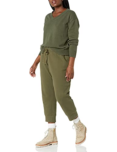 Daily Ritual Women's 100% Cotton Relaxed-Fit Long-Sleeve V-Neck Sweater, Olive, Large