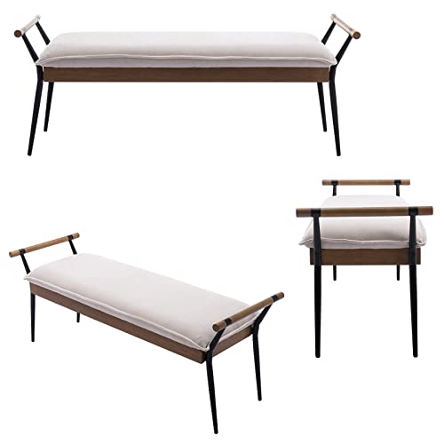 DUOMAY Modern Rectangle Ottoman Bench with Arms and Metal Legs, Mid Century Chenille Fabric Dining Table Bench Footstool Entryway Shoe Bench for Dining Room Bedroom Living Room, White