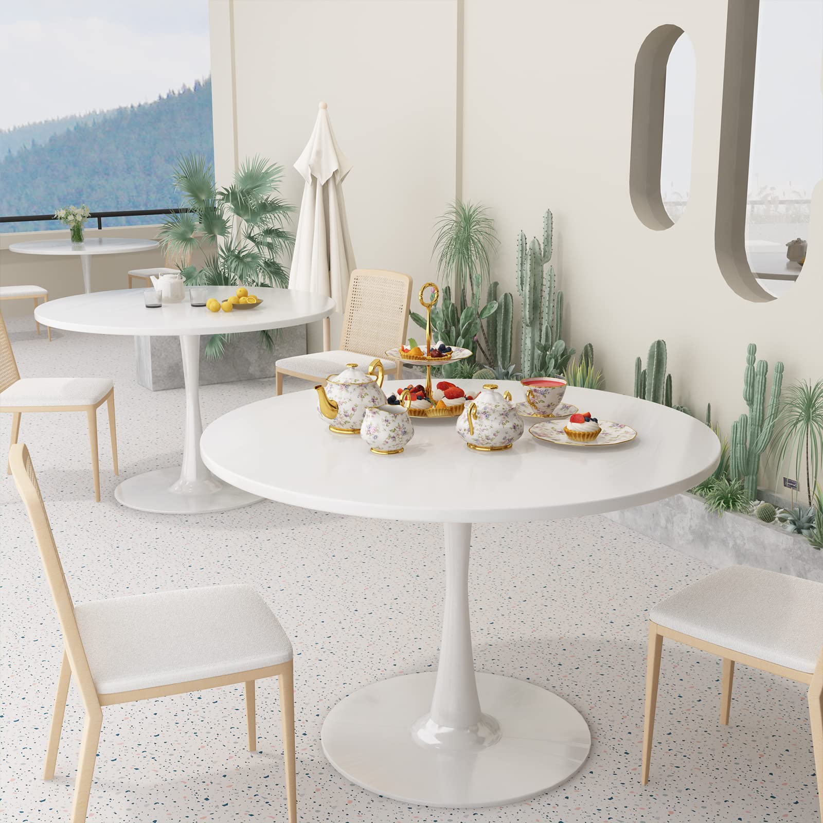 DKLGG White Round Dining Table, 42.1" Tulip Table Kitchen Dining Table 4-6 People with MDF Table Top & Pedestal Base, Mid-Century End Table Leisure Coffee Table Office Living Room Table
