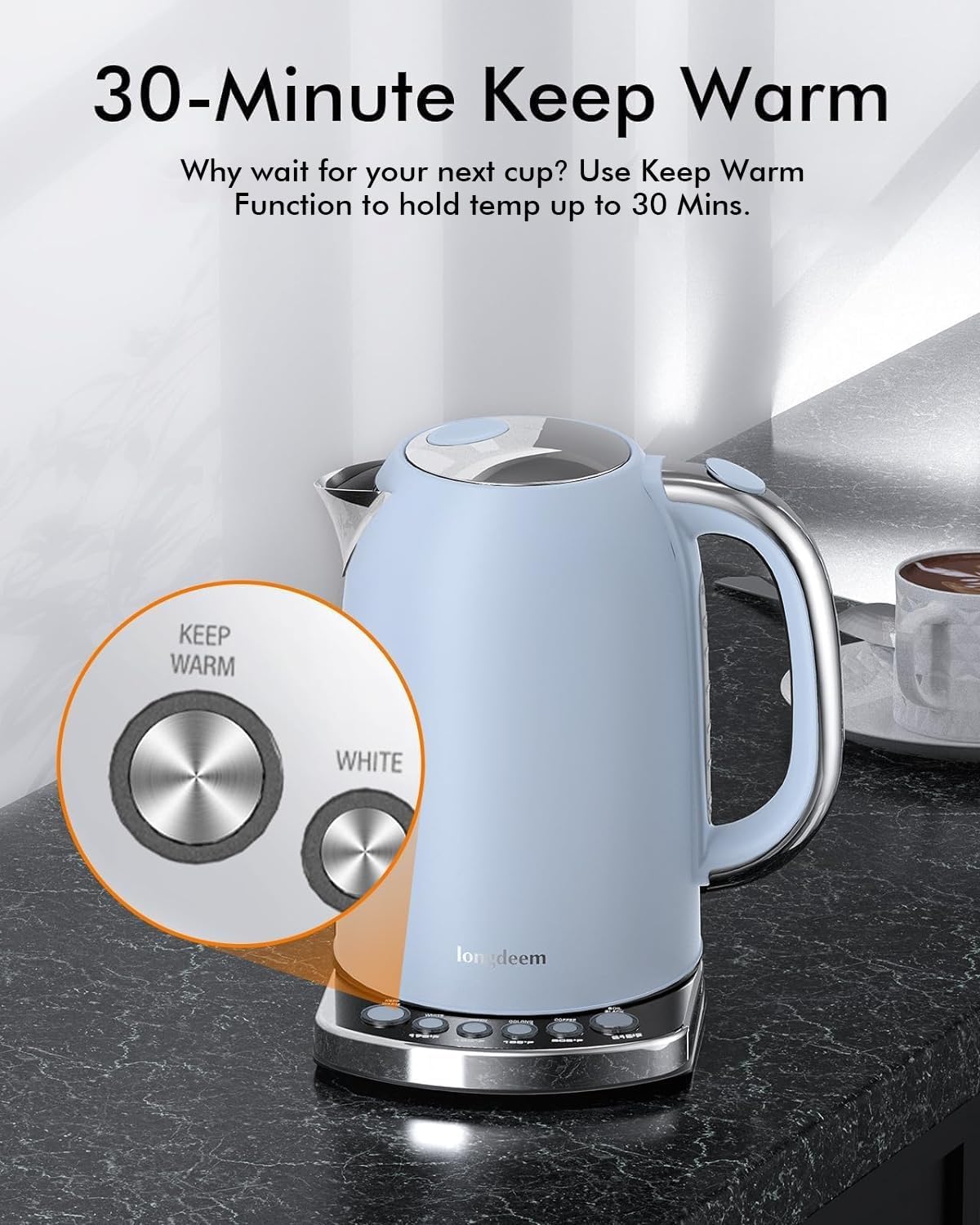 Electric Tea Kettle with Temperature Control, Longdeem 1.7L Stainless Steel Water Boiler & Heater, 1500 Watts for Fast Boiling, Cordless Serving with LED Light, Pastel Blue