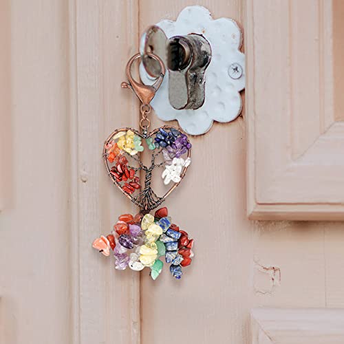 CrystalTears Chakra Healing Crystal Keychain Tree of Life 7 Chakra Heart Gemstone Car Keyring keychains for Women Christmas Gift