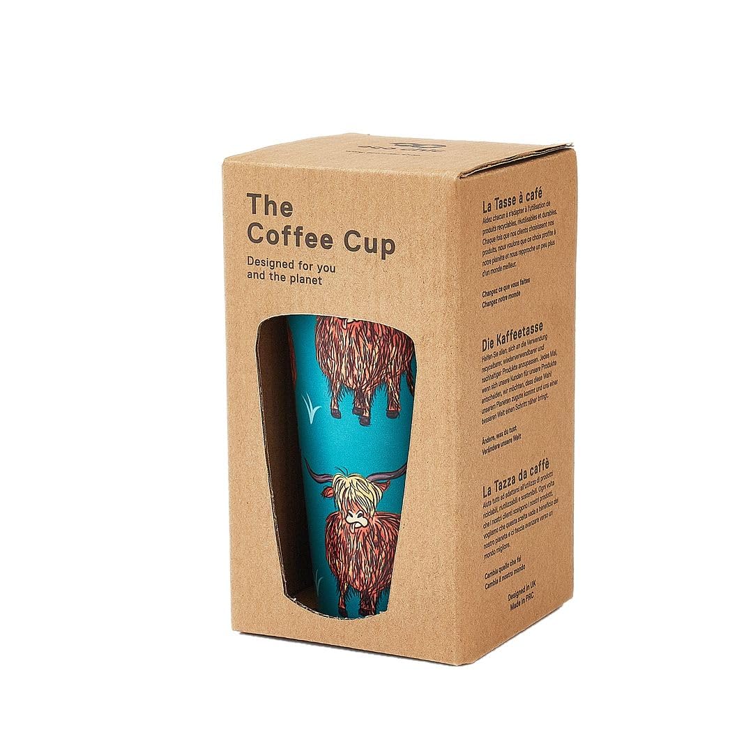 ECO CHIC Reusable Thermal Coffee Cup | Stainless Steel Insulated Travel Mug with Leakproof Lid | Eco-Friendly and Reusable for Hot & Cold Drinks (Teal Highland Cow, 380ml/13oz)