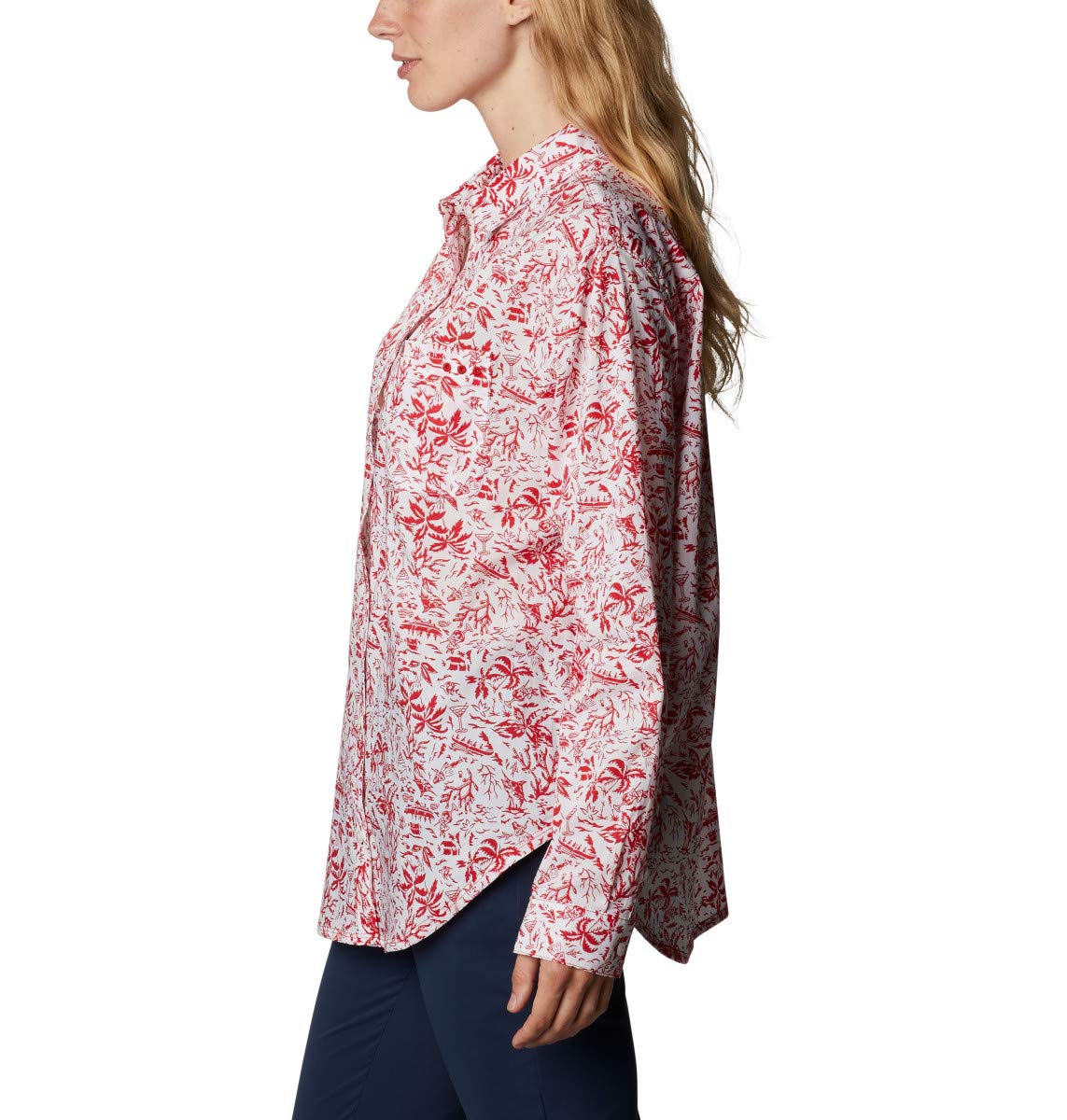 Columbia Women's Slack Water Woven Long Sleeve Shirt, Harbor Blue Kona Print, X-Large
