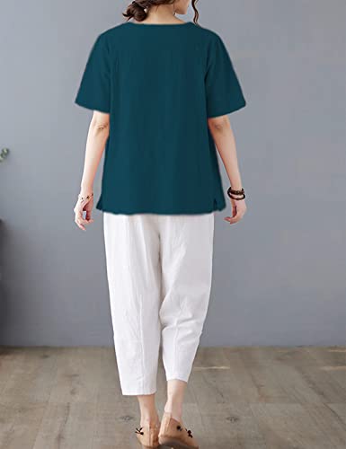 Yeokou Women Cotton Blend Crew Neck Short Sleeve Basic Tunic Tee Shirts Tops Blouse(Teal-XL)