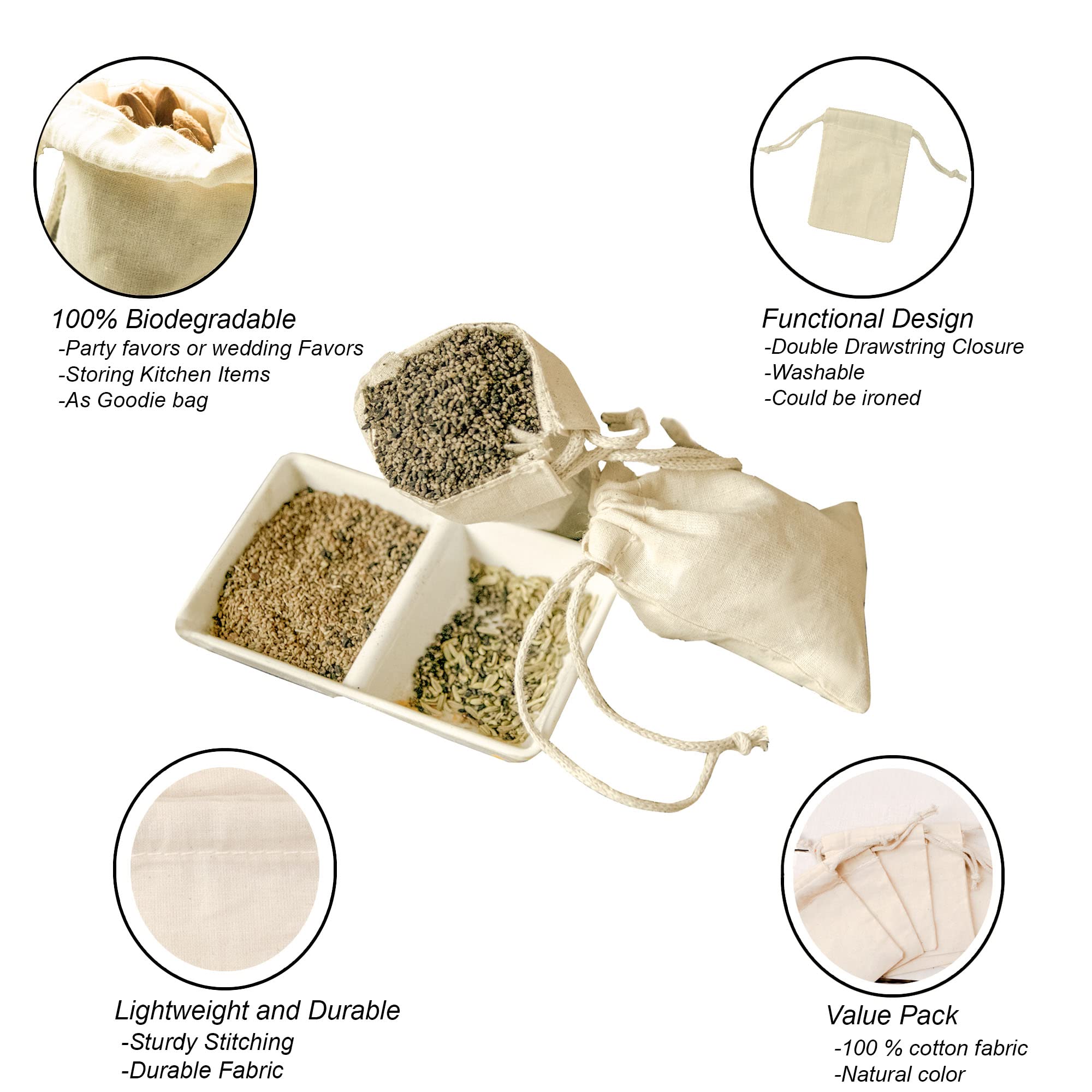 Eco Green Textiles Organic Cotton Bags, Biodegradable and Reusable Premium Quality Muslin Drawstring Bags (Pack of 25 - Size 5" X 8" -M)