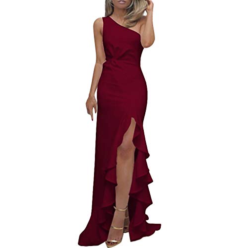 Elegant Prom Dress for Women Side Split Ruffle Maxi Dress One Shoulder Front Knot Wrap Dress Evening Dress Red