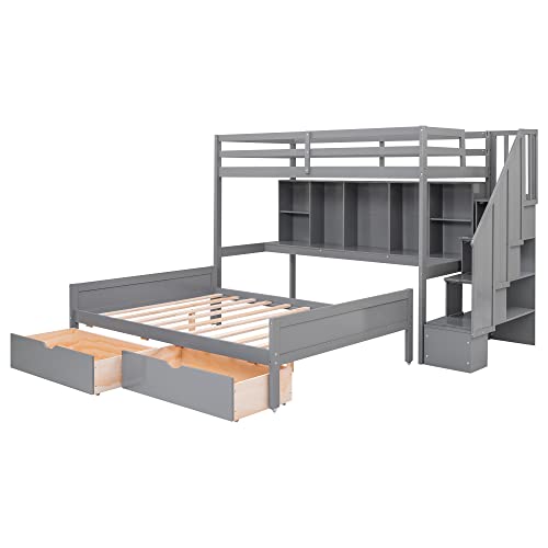 DEYOBED Twin over Full Bunk Bed Wooden Kids Bunk Bed Frame with Storage Shelves Drawers and Staircase for Kids Teens Adults