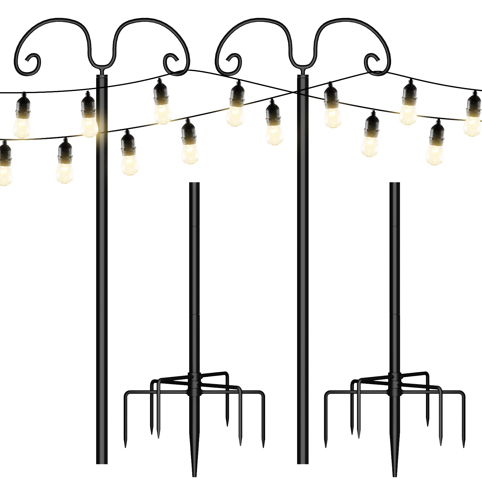 FEIERYA String Light Poles for Outdoor 2 Packs, Double Shepherd Hooks for Outdoor, Heavy Duty Christmas Light Pole, 10ft Bird Feeding Station, 2 Hooks Bird Feeder Stand (Black)
