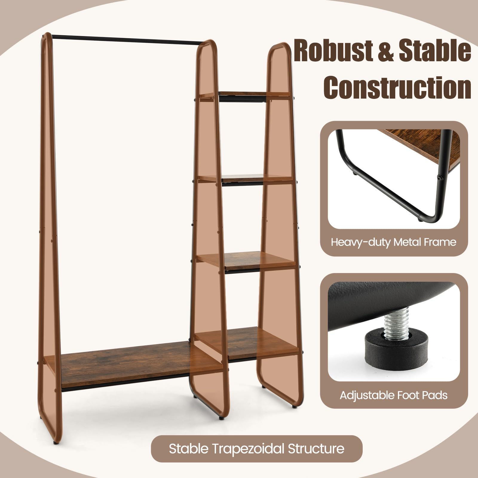 Tangkula Garment Rack with Shelves, Clothes Rack with 5 Shelves & Hanging Bar, Open Wardrobe for Hanging Clothes and Storage, Free Standing Closet Organizer, Clothing Rack for Bedroom Entryway