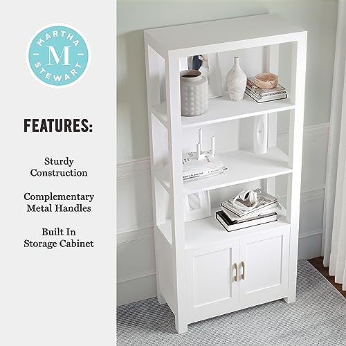 Martha Stewart Hutton Four Tier Shaker Bookcase with Storage Cabinet in White with Polished Brass Hardware