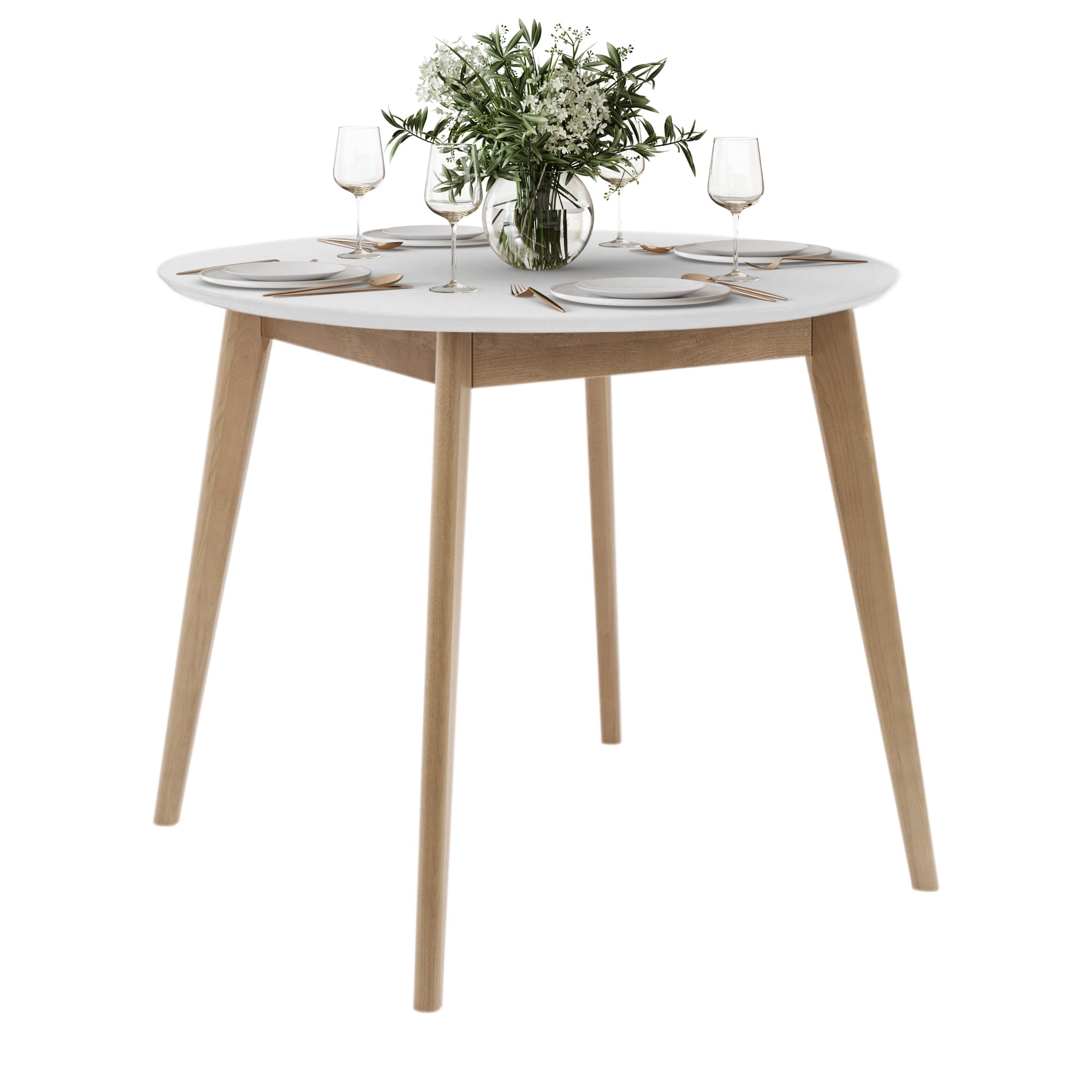 DAIVA CASA Orion Round Table for 4 Person - Birch Solid Wood Kitchen & Dining Room Furniture - Mid Century Modern Scandinavian Style β White Brown Table 37 inch