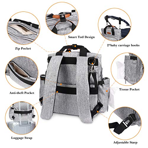 Diaper Bag Backpack, Multifunction Diaper Bags for Baby Boy, Convenient Backpacks for Girl,Water Resistant Nappy Organizer with Changing Mat,Stroller Straps,USB Charging Port,Insulated Pockets,Grey