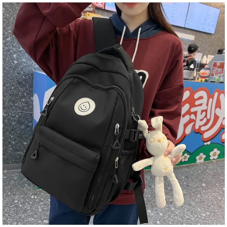 MININAI Preppy Backpack with Cute Pendant Women Smile Face Laptop Backpack Kawaii Lightweight Aesthetic College Backpack (Black,One Size)