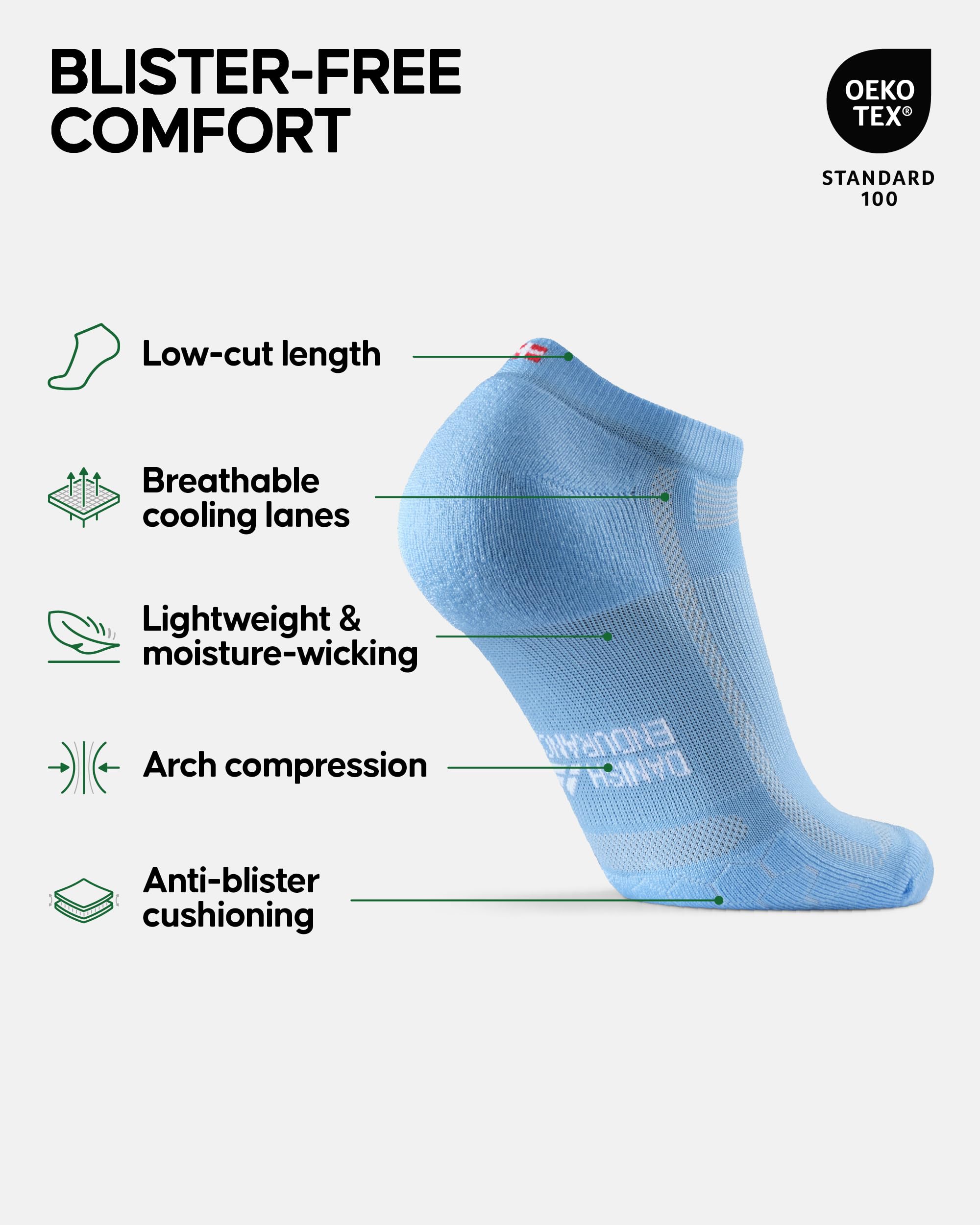 DANISH ENDURANCE 3 Pack Low-Cut Long Distance Running Socks, Men & Women, Light Blue, US Women 11-13 // US Men 9.5-12.5
