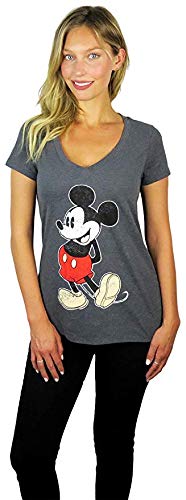 Disney Womens Mickey Mouse Stand V-Neck Tee (as1, alpha, x_l, regular, regular, Charcoal)