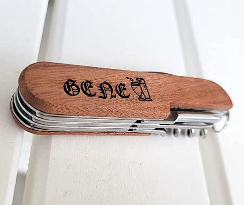 Personalized Wooden Pocket Knife | Customizable Design | Laser Engraved | 8-Function Multi-Tool (Stainless Steel) | Gift for Men, Groomsmen, Birthday, Graduations