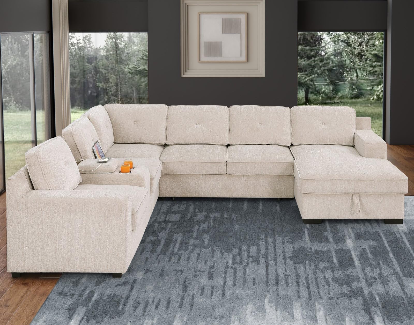 MODCART 102Inch Modern Velvet Sofa with 4 Throw Pillows & Ottoman, L-Shaped Upholstered Couches w/Buttoned Design and Silver Legs, for Living Room, Bedroom, Office