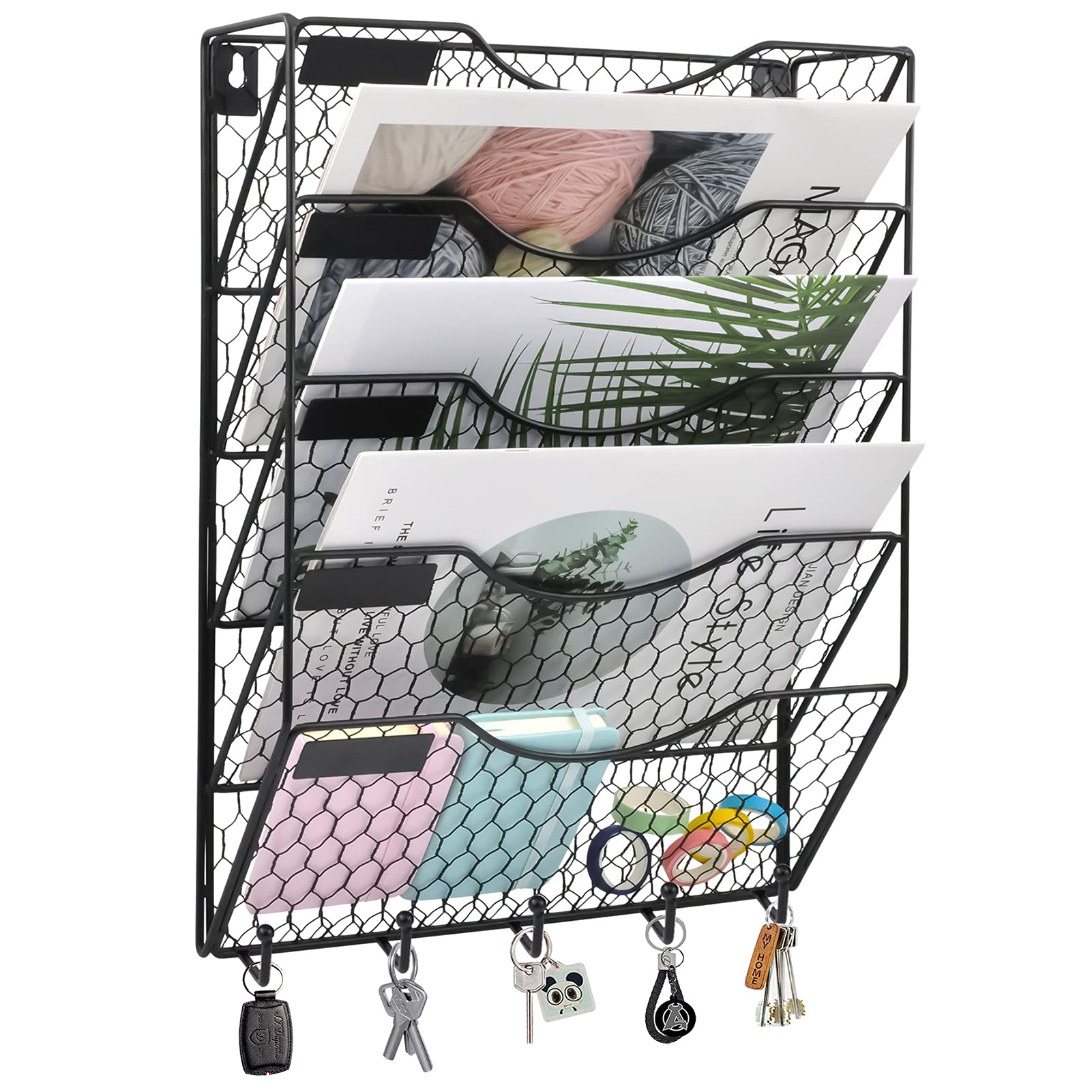 COSYAWN 5 Tier Wall File Holder with Hook, Hanging Mail Organizer Metal Chicken Wire Wall Mount Magazine Rack with Label Panel, Black