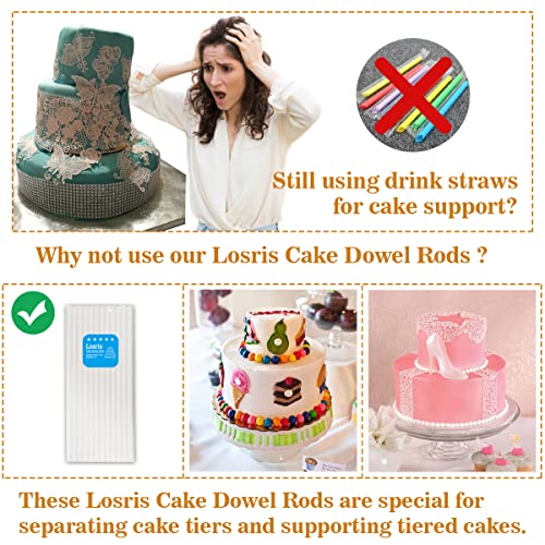 Losris White Plastic Cake Dowel Rods for Tiered Cake Supports 0.4 Inch Diameter Cake Sticks for Stacking Round Cake Straws (9.5inch-12pieces)