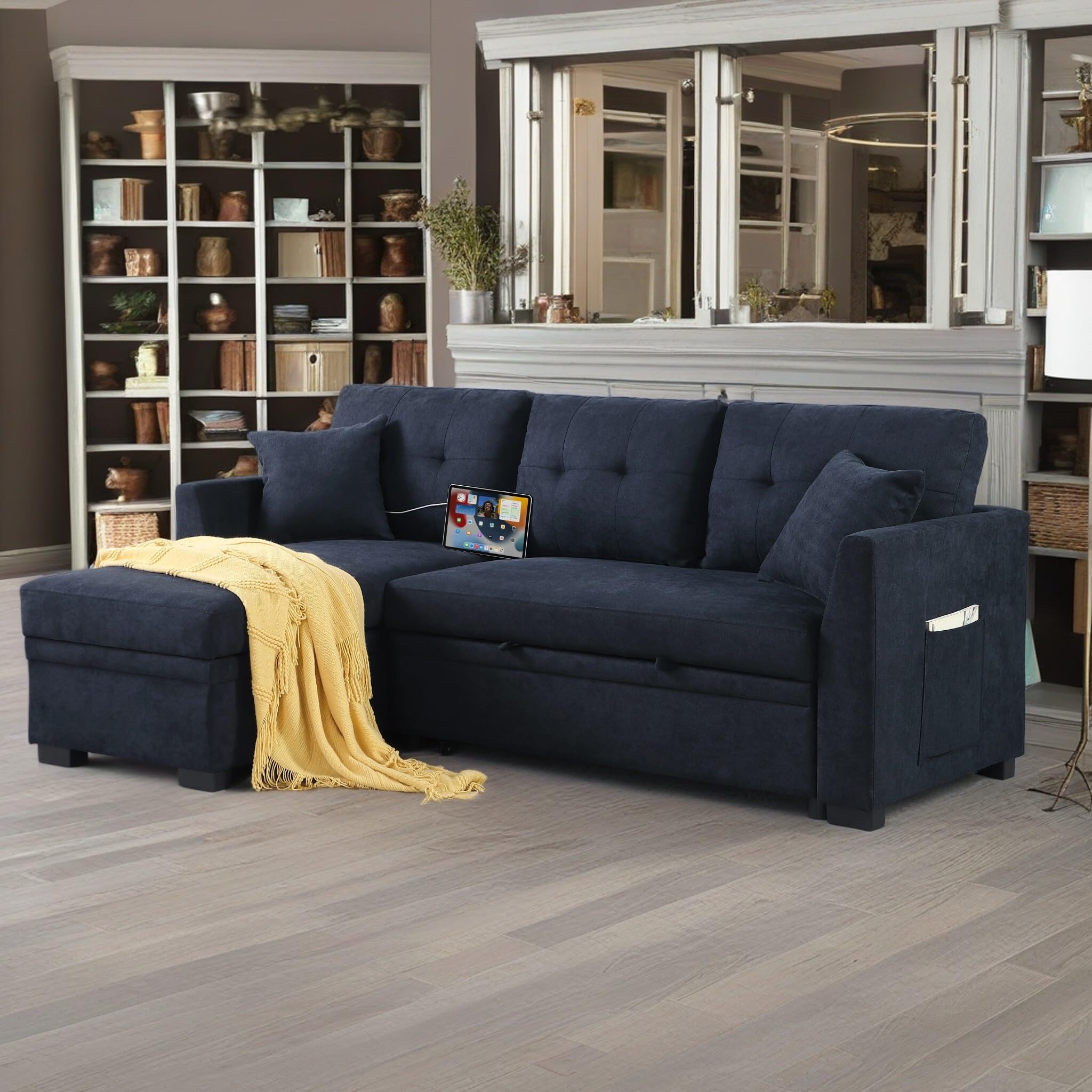 MODCART 81.5" L-Shape Convertible Sectional Sleeper Sofa with Storage Chaise & Pull-Out Bed,Linen Upholstered Corner Couch w/USB Charger Ports and Pocket for Living Room Apartment