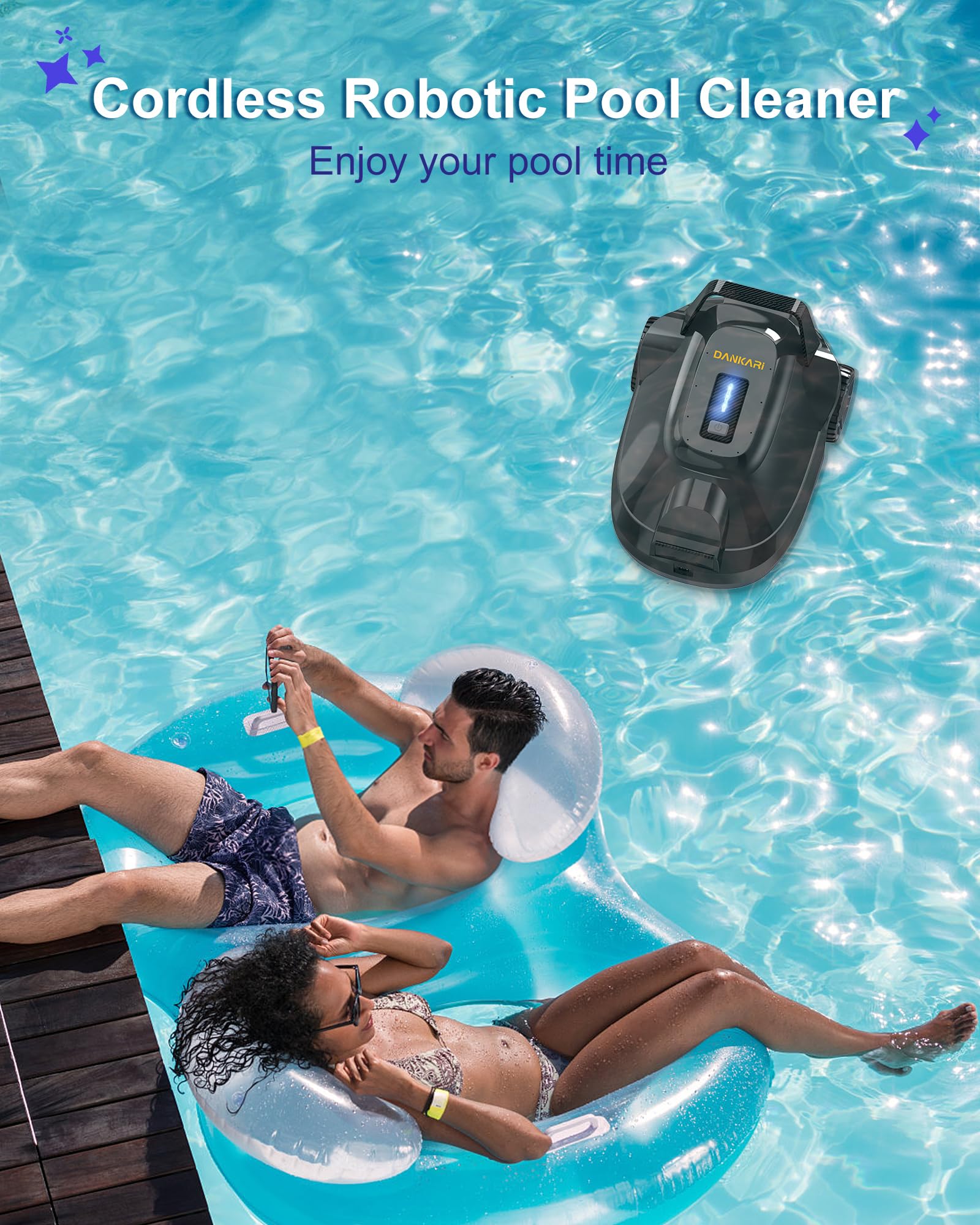 DANKARI Cordless Pool Robot Vacuum, Robotic Pool Rechargeable Cleaner for above Ground & In-Ground Swimming Flat Pools, Lasts 100 Mins, Automatic Self-Parking & Obstacle Avoidance (White)