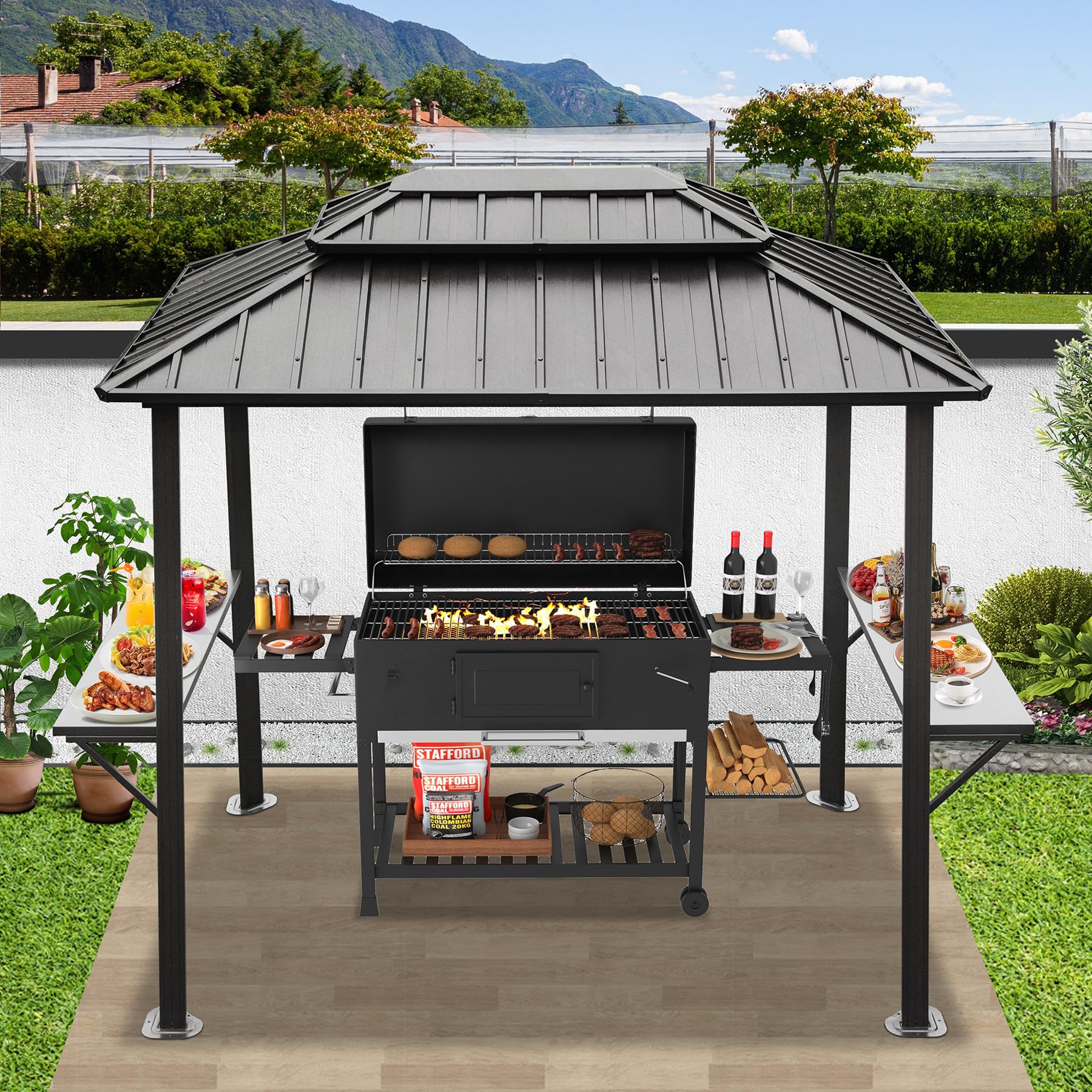 Domi 8â x 6â Grill Gazebo, Outdoor Aluminum BBQ Gazebo with 2 Side Shelves, Hardtop Double Roof Permanent Sun Shade with Ceiling Hooks for Patio Deck Yard Garden (Grey)