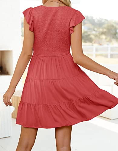 ZESICA Womens 2023 Summer Casual V Neck Flutter Sleeve Bohemian Ruffle Smocked A Line Swing Mini Dress,Watermelon,Small