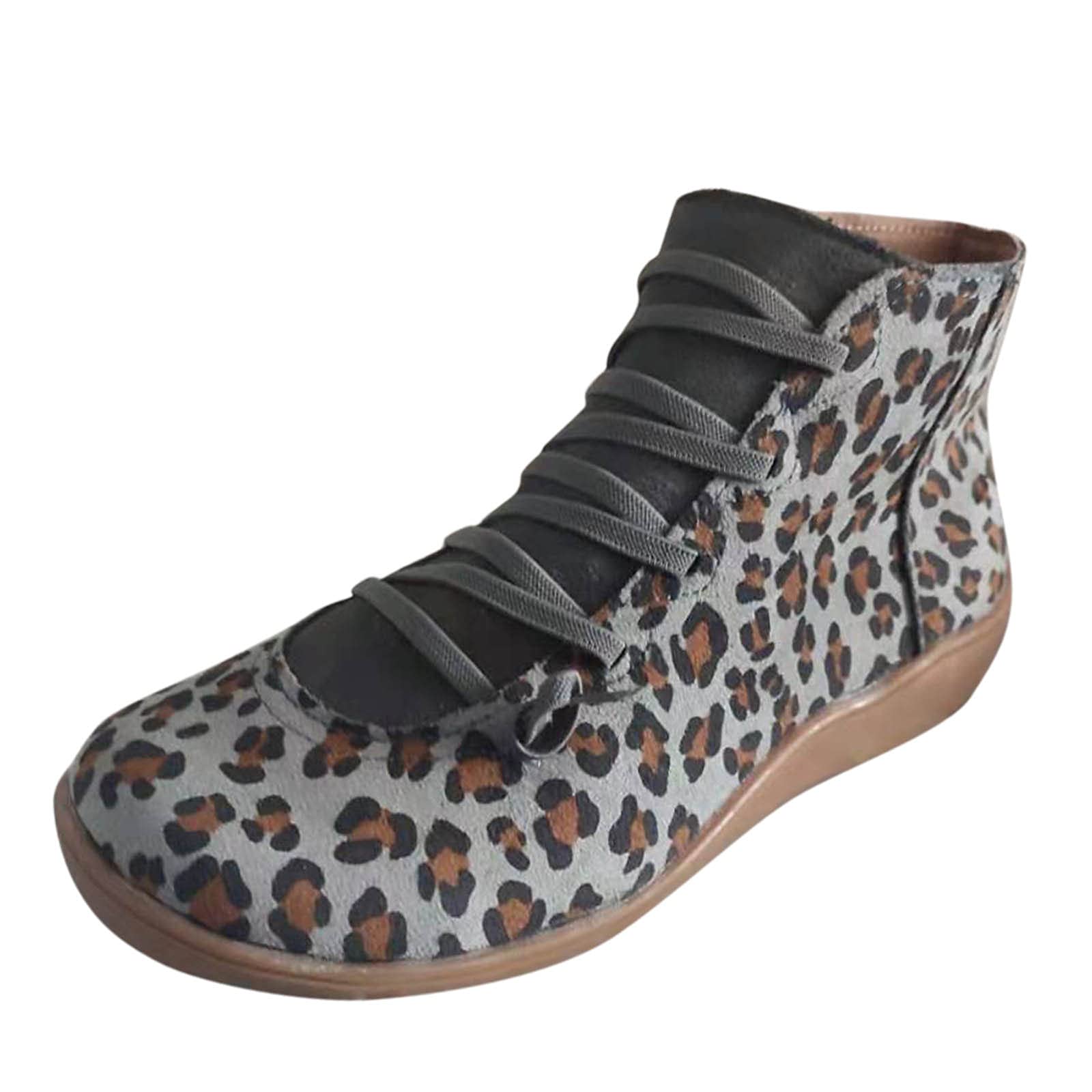 Gyouanime Comfortable Chelseas Boots Shoes 2 Toe Lace-up Ankle Round Casual Leopard Zipper Jean Boots for Women Booties
