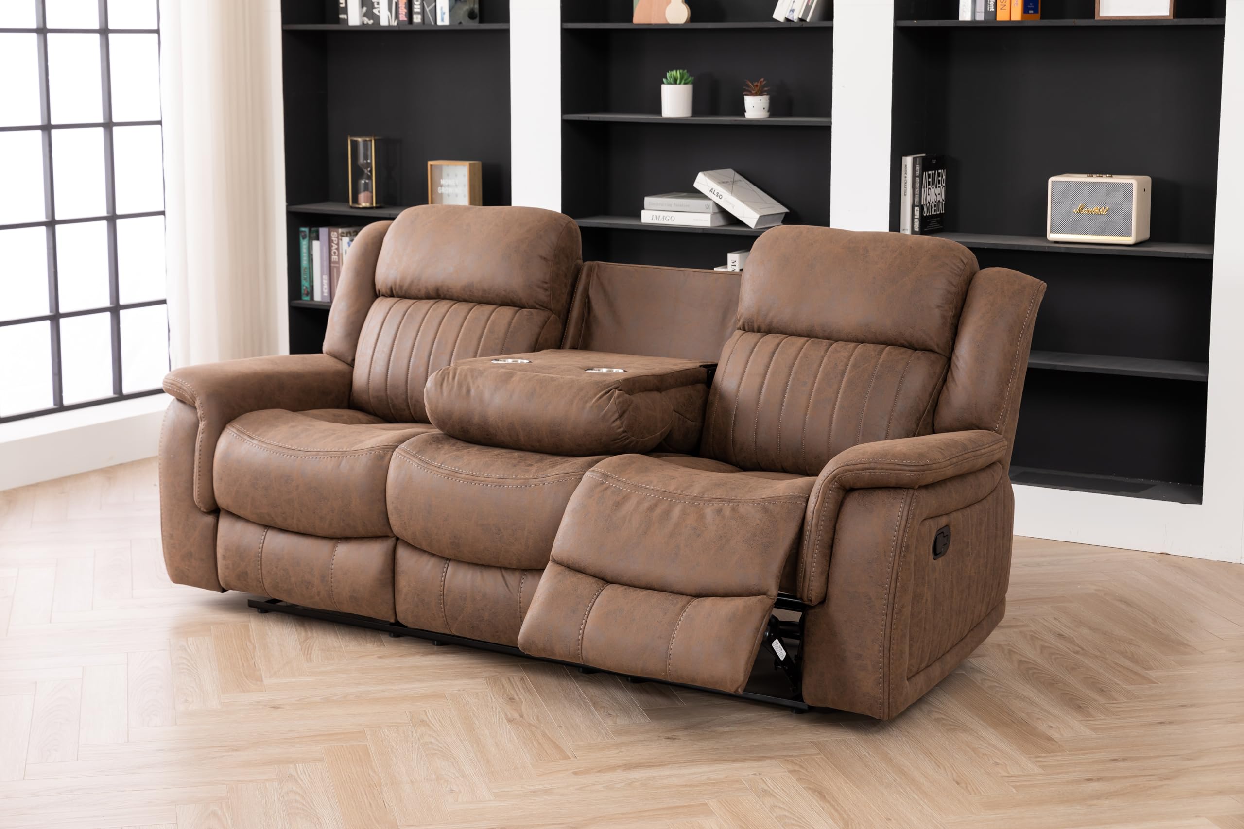 MODCART Wall Hugger 3 Seaters Recliner Sofa, Includes a Drop-Down Backrest That Converts into a Table with Cupholders, Living Room Furniture for House, Office