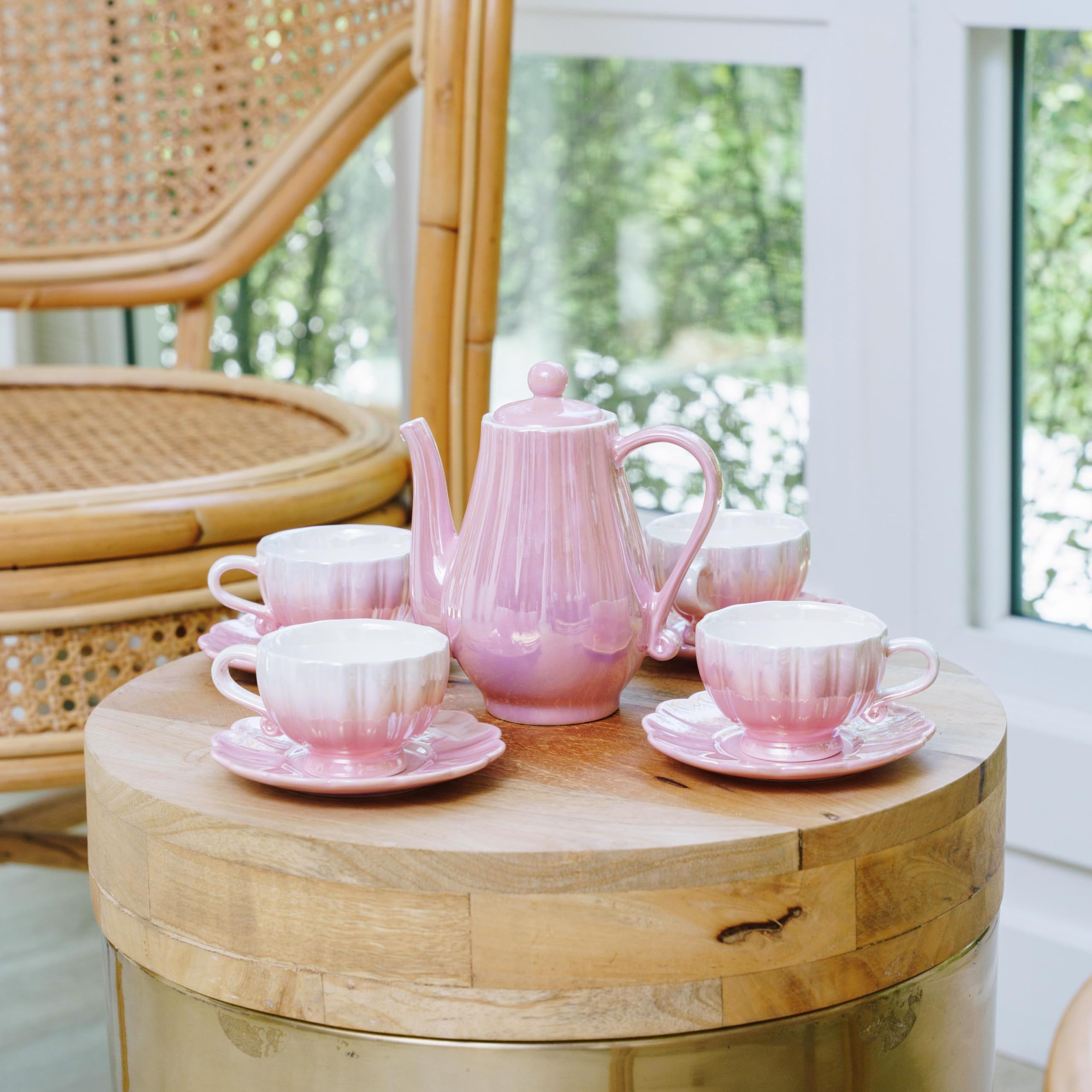 Dream Studio Ceramic Tea Party Set [2023 Amazon Exclusive] 9-Piece Pretend Set, Teapot 4 Cups & 4 Saucers, Hand-Painted Glaze, Safe BPA-Free & Non-Toxic, Imagination Play Activity Toy for Girls & Boys