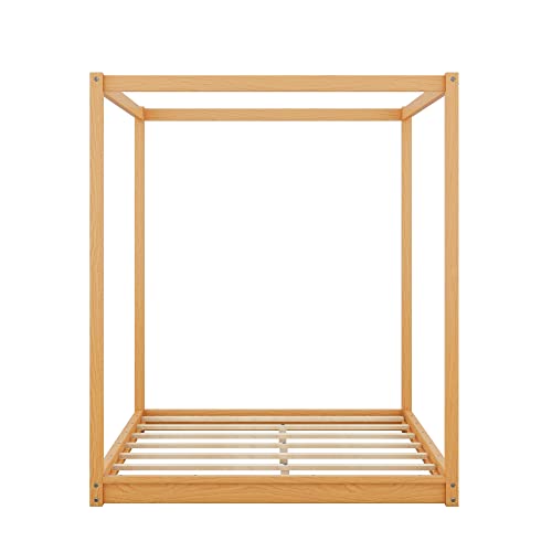 Harper & Bright Designs Queen Size Canopy Platform Bed,Wooden Canopy Bed Frame Queen with Support Legs,Queen Canopy Bed with Low Base for Kids Teens Adults, No Box Spring Needed (Queen, Natural)