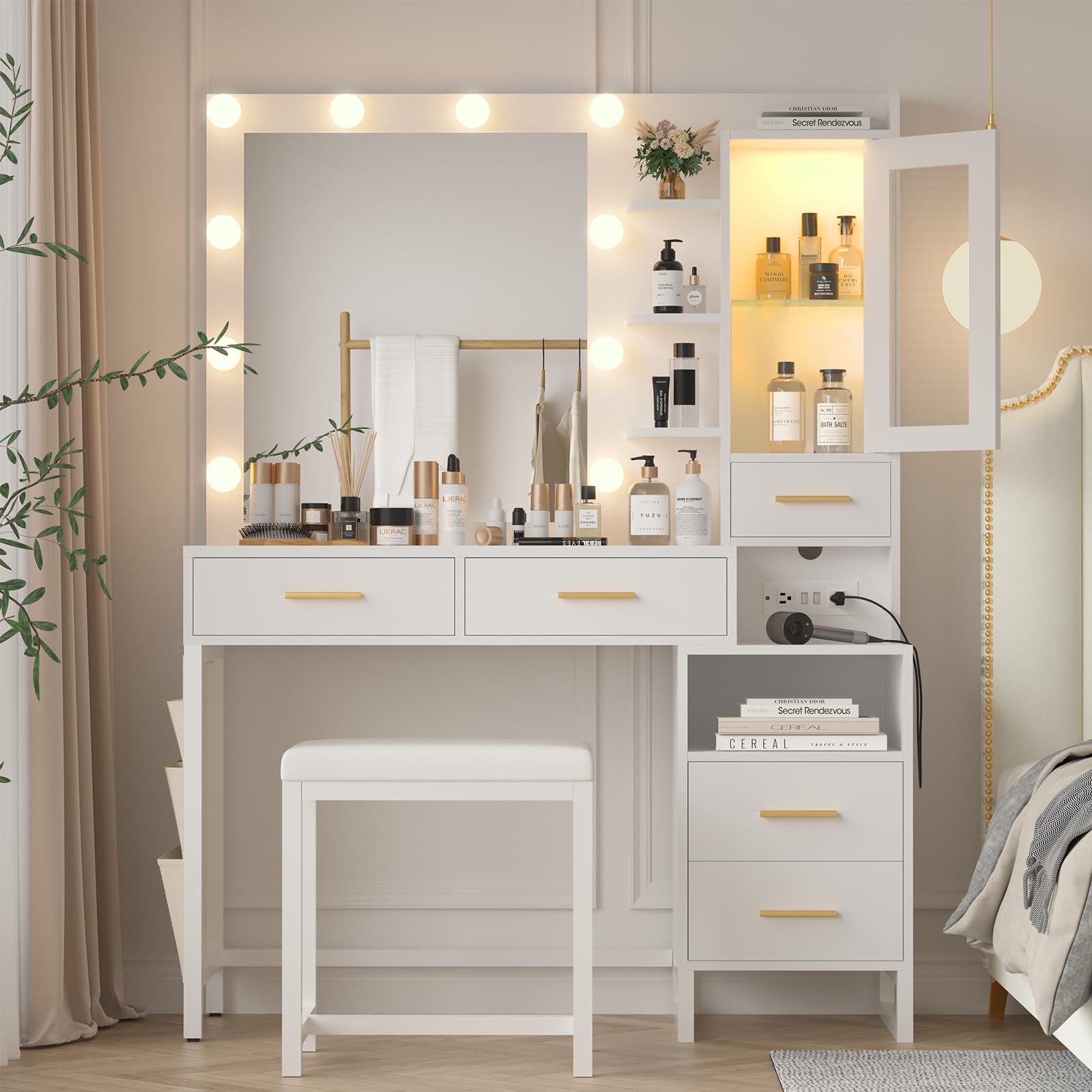 CSZZD Makeup Vanity Desk with Mirror and Lights, White Vanity Table Set with Charging Station, LED Cabinet, 5 Drawers & Storage Bag, 3 Lighting Modes, Bedroom Vanity Mirror with Lights Desk and Chair
