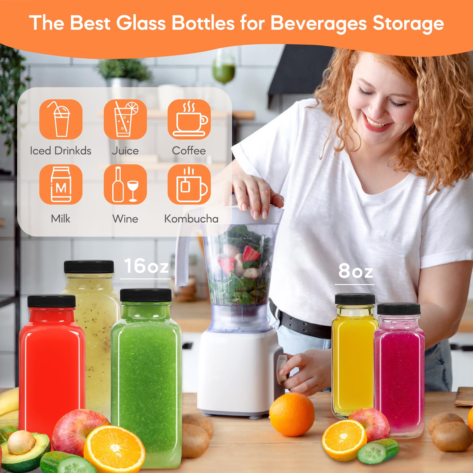 STARSIDE 12 Pack 16oz Glass Drinking Bottles with Lids,Vintage Water Bottles,Reusable Drinking Jars with Lids for Milk,Juicing,Kombucha,Juice