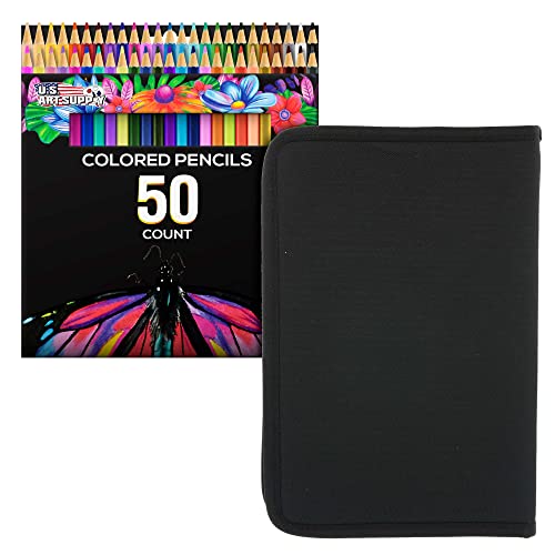 U.S. Art Supply 50 Piece Adult Coloring Book Artist Grade Colored Pencil Set with Zippered Storage and Carrying Case - Vibrant Colors, Smooth Art Drawing, Sketching - Kids, Students, Adults, Beginners